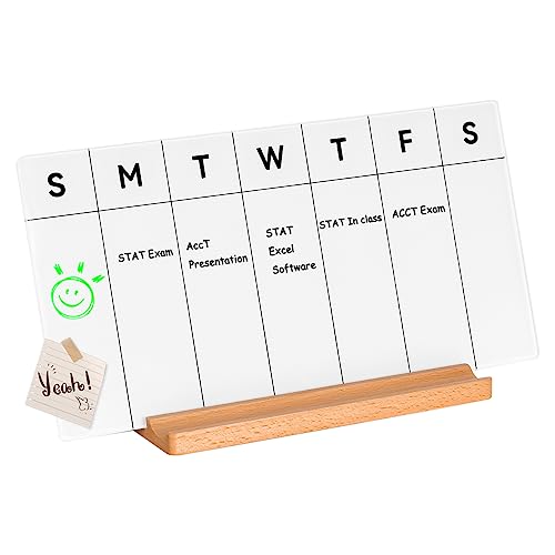 TORASO Desktop Glass Weekly Whiteboard, 12"x6" Dry Erase Calendar with Detachalble Solid Wood Stand, Planner Board for Office, Home, School(Glass,Weekly-WH)