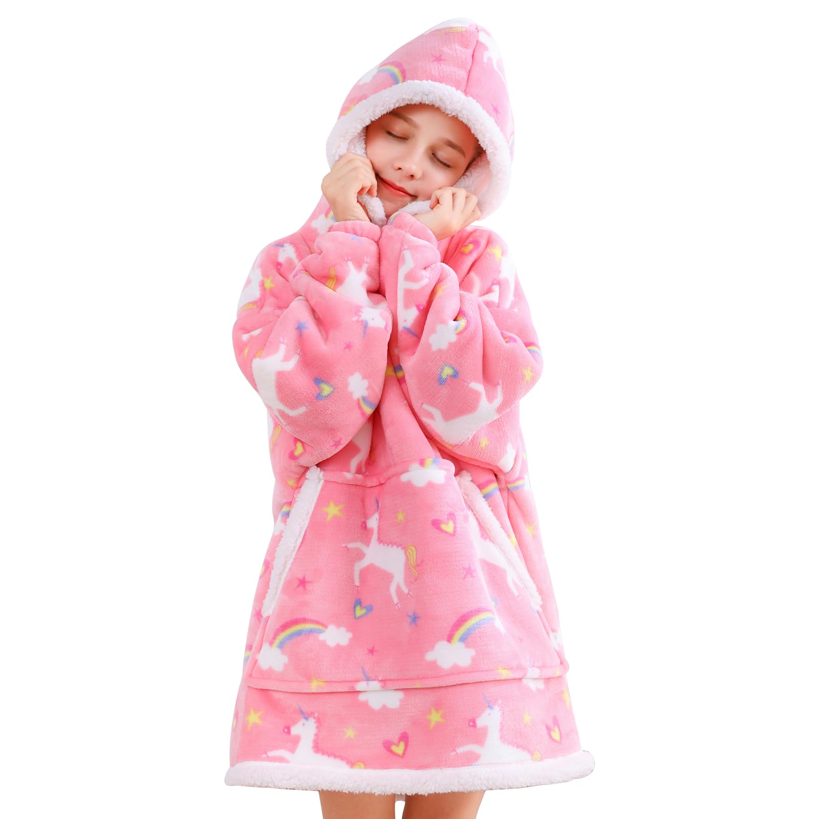 Wearable Blanket Hoodie for Kids, Super Warm and Soft Sherpa Flannel Sweatshirt Blanket with Giant Pocket, Hooded Blanket for 6-10 Year Old Girls Gifts, Pink Unicorn