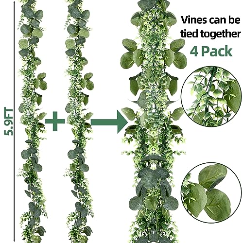 XunYee 5.9 ft Artificial Eucalyptus Garland with 20 LED Fairy String Lights Fake Eucalyptus Leaves Greenery Vines Plant for Table Wedding Bridal Shower Birthday Party Garden Indoor Outdoor (4 Pack)