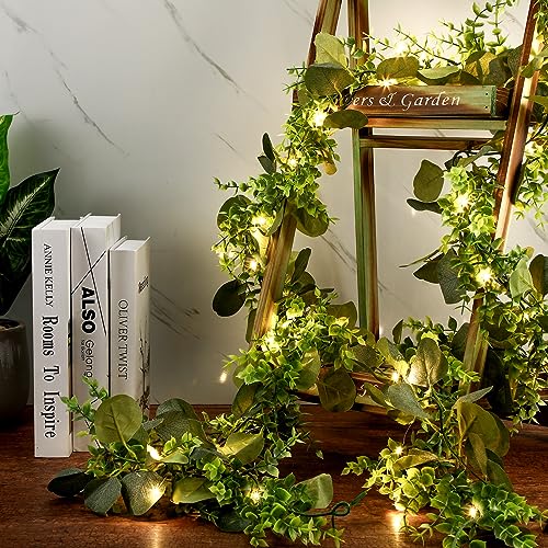 XunYee 5.9 ft Artificial Eucalyptus Garland with 20 LED Fairy String Lights Fake Eucalyptus Leaves Greenery Vines Plant for Table Wedding Bridal Shower Birthday Party Garden Indoor Outdoor (4 Pack)