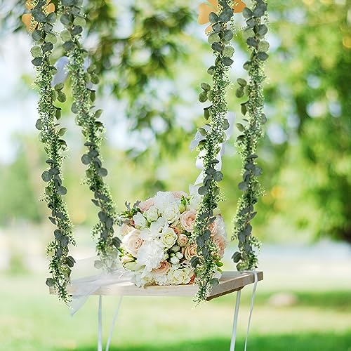 XunYee 5.9 ft Artificial Eucalyptus Garland with 20 LED Fairy String Lights Fake Eucalyptus Leaves Greenery Vines Plant for Table Wedding Bridal Shower Birthday Party Garden Indoor Outdoor (4 Pack)