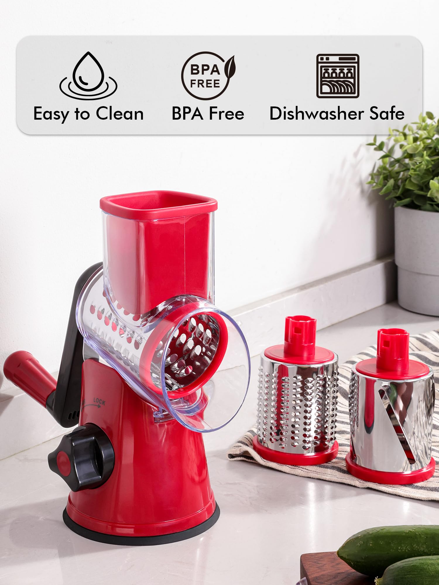 LucGee Rotary Cheese Grater with Handle - 3 in 1 Cheese Shredder Rotary Grater Stainless Steel Handheld, Vegetable Slicer for Fruit, Cheese, Nuts(Red)