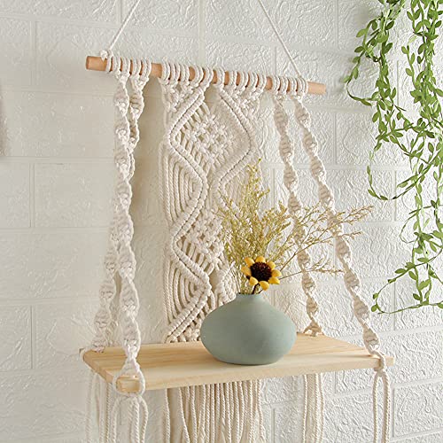 Handmade Macrame Wall Hanging Shelf, Boho Indoor Rope Plant Pot Basket Hanger Holder, Rope Plant Hanger for Wall Decor Indoor Outdoor