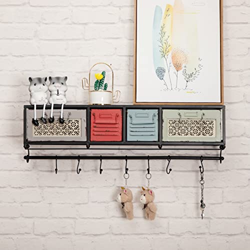 AcozyHom Metal Wall Mounted Coat Rack with Hooks and 4 Drawers, 30.3"(L) x6.7(W) x11.8(H), Home Entryway Wall Hanging Shelf, Iron Storage and Display Organizer for Coats, Hats, Keys, Cups, Colorful