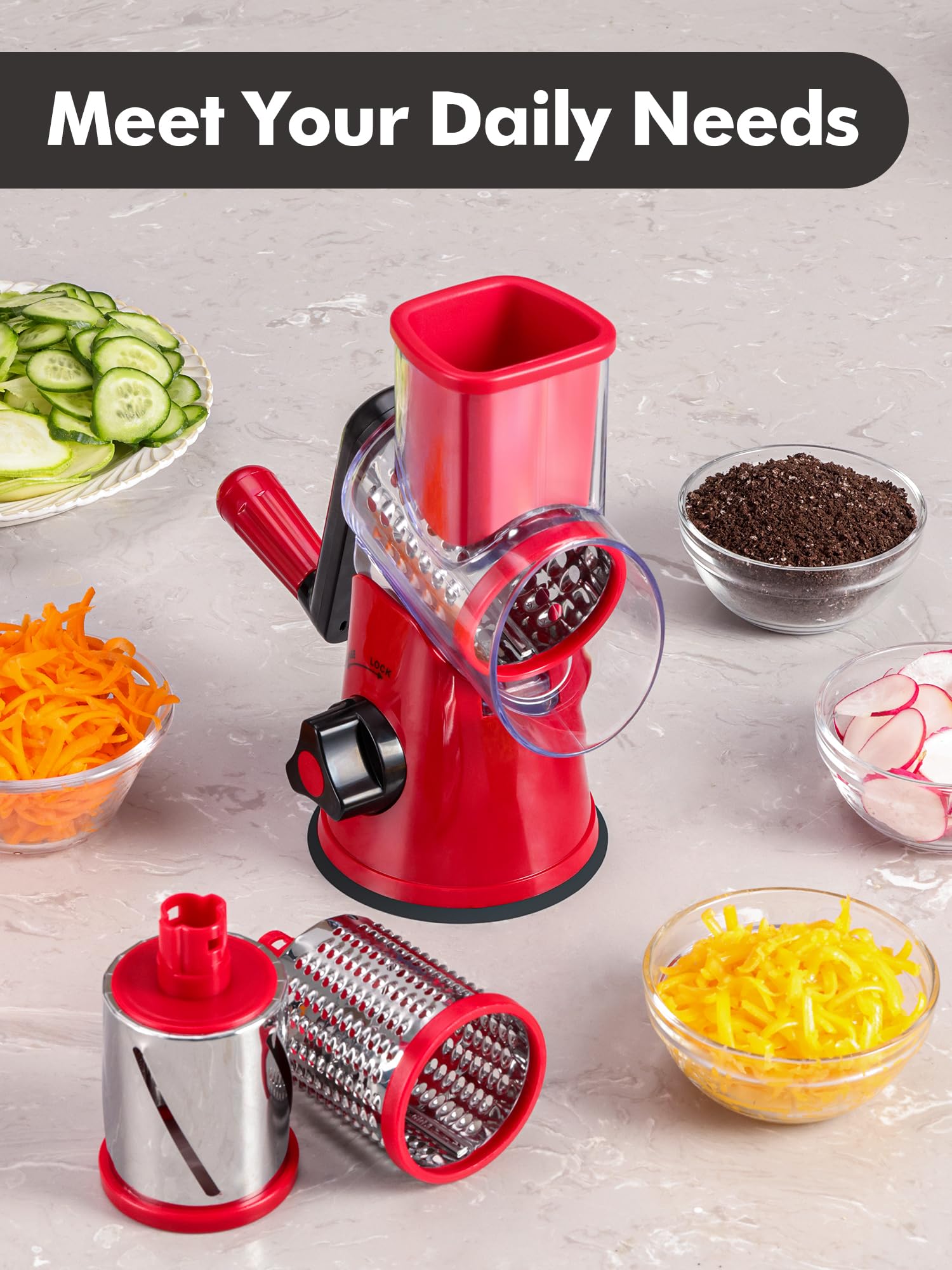 LucGee Rotary Cheese Grater with Handle - 3 in 1 Cheese Shredder Rotary Grater Stainless Steel Handheld, Vegetable Slicer for Fruit, Cheese, Nuts(Red)