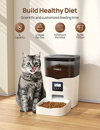 Ymiko Automatic Cat Feeder, Cat Food Dispenser with Voice Recorder, Timed Small Pet Feeder with Programmable Timer, 1-4 Meals Per Day, 3L/12.7 Cups Capacity