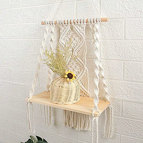 Handmade Macrame Wall Hanging Shelf, Boho Indoor Rope Plant Pot Basket Hanger Holder, Rope Plant Hanger for Wall Decor Indoor Outdoor