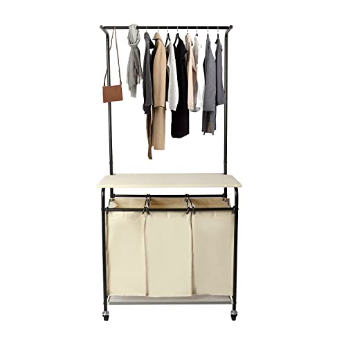 Rolling Laundry Sorter Cart with Wheels Heavy-Duty Laundry Hamper Sorter Cart with Ironing Board,3 Removable Bags, and Attached Steel Hanging Bar (Beige)