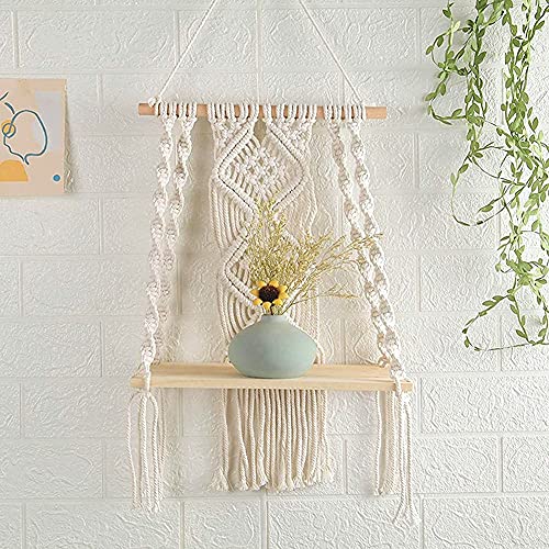 Handmade Macrame Wall Hanging Shelf, Boho Indoor Rope Plant Pot Basket Hanger Holder, Rope Plant Hanger for Wall Decor Indoor Outdoor