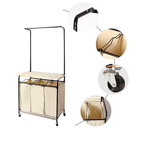 Rolling Laundry Sorter Cart with Wheels Heavy-Duty Laundry Hamper Sorter Cart with Ironing Board,3 Removable Bags, and Attached Steel Hanging Bar (Beige)