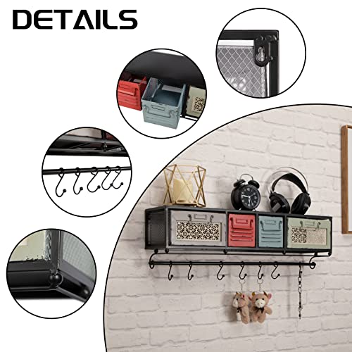 AcozyHom Metal Wall Mounted Coat Rack with Hooks and 4 Drawers, 30.3"(L) x6.7(W) x11.8(H), Home Entryway Wall Hanging Shelf, Iron Storage and Display Organizer for Coats, Hats, Keys, Cups, Colorful