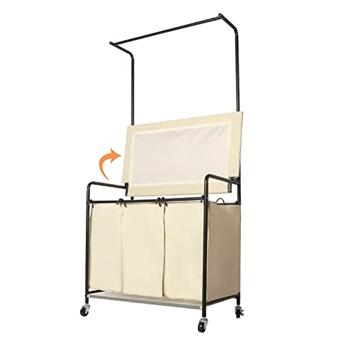 Rolling Laundry Sorter Cart with Wheels Heavy-Duty Laundry Hamper Sorter Cart with Ironing Board,3 Removable Bags, and Attached Steel Hanging Bar (Beige)