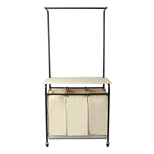 Rolling Laundry Sorter Cart with Wheels Heavy-Duty Laundry Hamper Sorter Cart with Ironing Board,3 Removable Bags, and Attached Steel Hanging Bar (Beige)