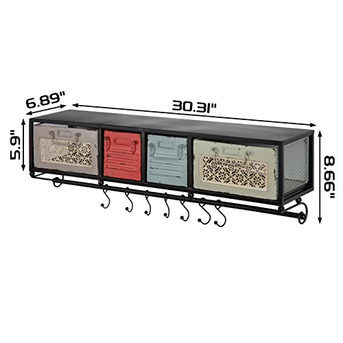 AcozyHom Metal Wall Mounted Coat Rack with Hooks and 4 Drawers, 30.3"(L) x6.7(W) x11.8(H), Home Entryway Wall Hanging Shelf, Iron Storage and Display Organizer for Coats, Hats, Keys, Cups, Colorful