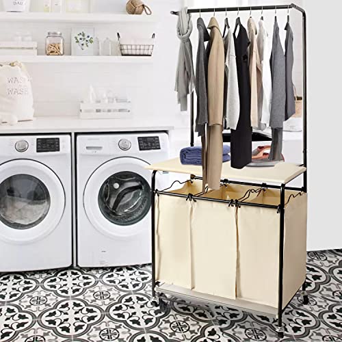 Rolling Laundry Sorter Cart with Wheels Heavy-Duty Laundry Hamper Sorter Cart with Ironing Board,3 Removable Bags, and Attached Steel Hanging Bar (Beige)