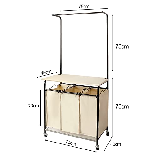 Rolling Laundry Sorter Cart with Wheels Heavy-Duty Laundry Hamper Sorter Cart with Ironing Board,3 Removable Bags, and Attached Steel Hanging Bar (Beige)