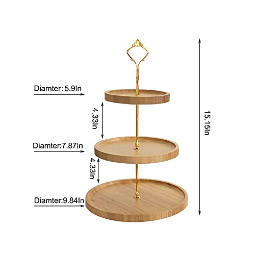 3 Tier Tray ,Bamboo Tier Serving Stand ,Farmhouse Tiered Tray Decor with Metal Brackets Kitchen, Cupcake Stand,Coffee Table, Cake and Party Round Tray