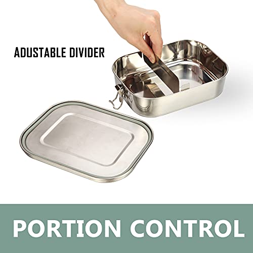 Stainless Steel Lunch Box-1200ML Metal Leak Proof Bento Container for Sandwich Storage, Meal, Rice, Snack-Perfect Sized for Kids, Adults, Men, Women, Boys-2 Compartments-Removable Divider