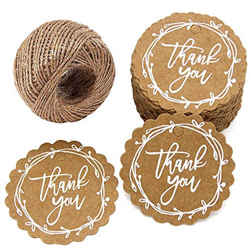 100 Count White Graffiti Thank You Gift Tags with String, Round Kraft Paper Gift Wrap Hang Tags with 100 Feet Jute Twine for Wedding, Baby Shower, Party Favors (Brown-2)