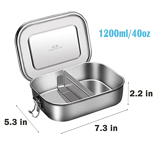 Stainless Steel Lunch Box-1200ML Metal Leak Proof Bento Container for Sandwich Storage, Meal, Rice, Snack-Perfect Sized for Kids, Adults, Men, Women, Boys-2 Compartments-Removable Divider