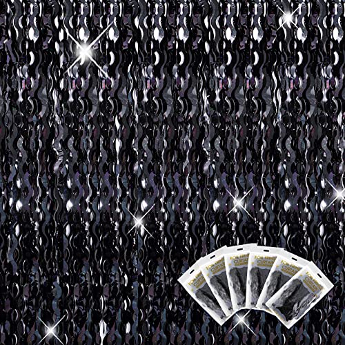 Jutom 6 Pieces 3.3 x 6.6 ft Wavy Tinsel Foil Fringe Curtains Foil Fringe Streamer Backdrop Party Curtain for Sea Mermaid Baby Shower Birthday Party Decoration(Black)