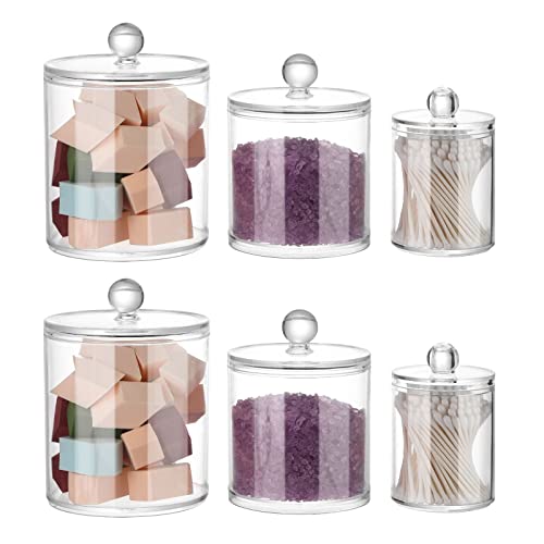 YOUEON 6 Pack Apothecary Jars with Lids, Qtip Holder Dispenser with Lid, 8/18/28 Oz Clear Cotton Ball Holder, Cotton Pad Holder, Bathroom Canister for Cotton Swab, Cotton Pads, Cotton Ball, Makeup