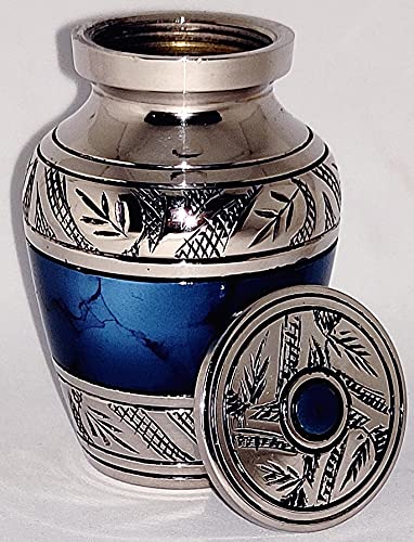 AKANKSHA ARTS Classic Small Mini Cremation Keepsake Urn for Human Ashes – with Box and Velvet Box - 2.6 inch - Blue Fire Design - Made of Brass