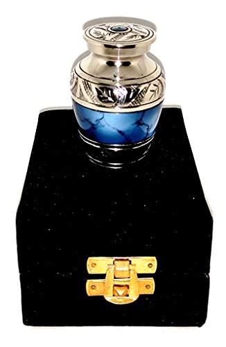 AKANKSHA ARTS Classic Small Mini Cremation Keepsake Urn for Human Ashes – with Box and Velvet Box - 2.6 inch - Blue Fire Design - Made of Brass