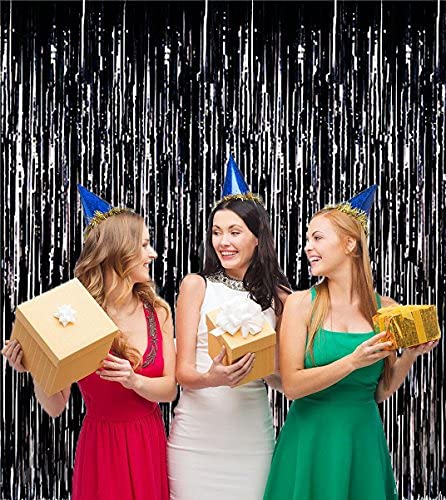 CapriValley 4 Packs 3.2ft x 6.6ft Black Fringe Curtain Foil Curtain Foil Backdrops Party Backdrops Decorations Tinsel Metallic Curtains