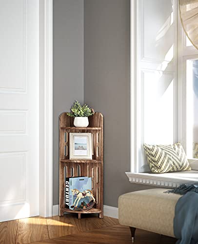 Meangood Bathroom Corner Shelf Stand, 3 Tier Solid Wood Display Shelf for Narrow Space, Shower Corner Shelf, Plant Stand Nightstand, for Living Room, Bedroom, Home Office, Elegant Carbonized Black