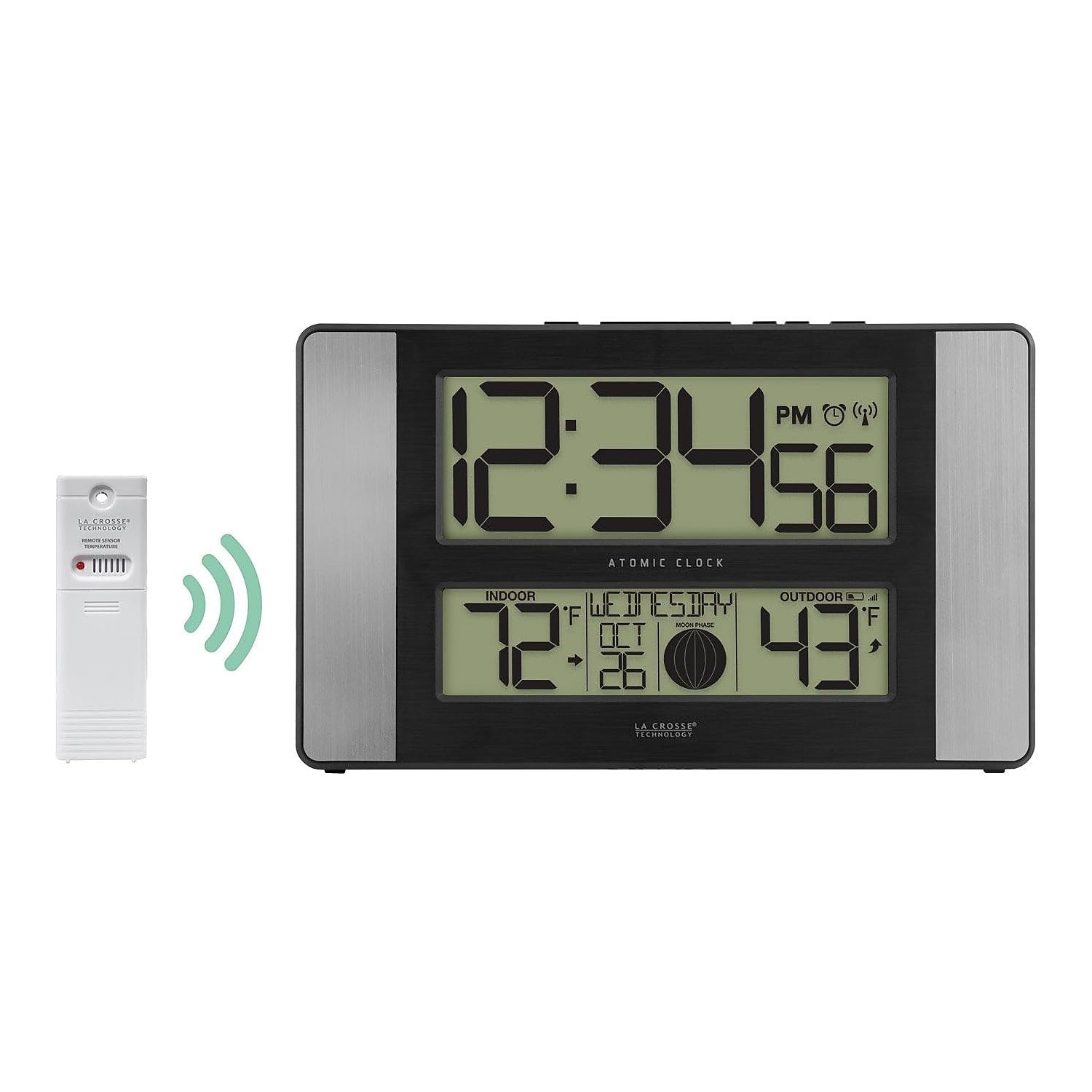 La Crosse Technology Atomic Digital Clock with Temperature and Moon Phase, Aluminum Finish (513-1417AL)