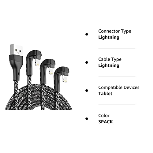 3Pack 90 Degree iPhone Charger 6ft, Apple MFi Certified 6 Feet Lightning Cord Long, Nylon Right Angle 6 Foot Apple iPhone Charging Cable for Apple iPhone 13 Pro/12/11/11Pro/11Max/XS/XR /8/7/6S/SE/6/5