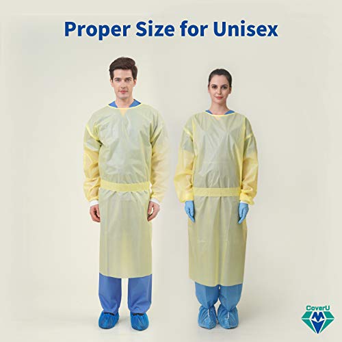 Medtecs Disposable Isolation Gowns - AAMI Level 4 PPSB+PE 36 gsm - 10/100 PC - Seal Tape & Elast Cuffs, Fluid Resistant Durable Comfortable PPE - CoverU Series, Unisex Adult | Yellow, 10 PC