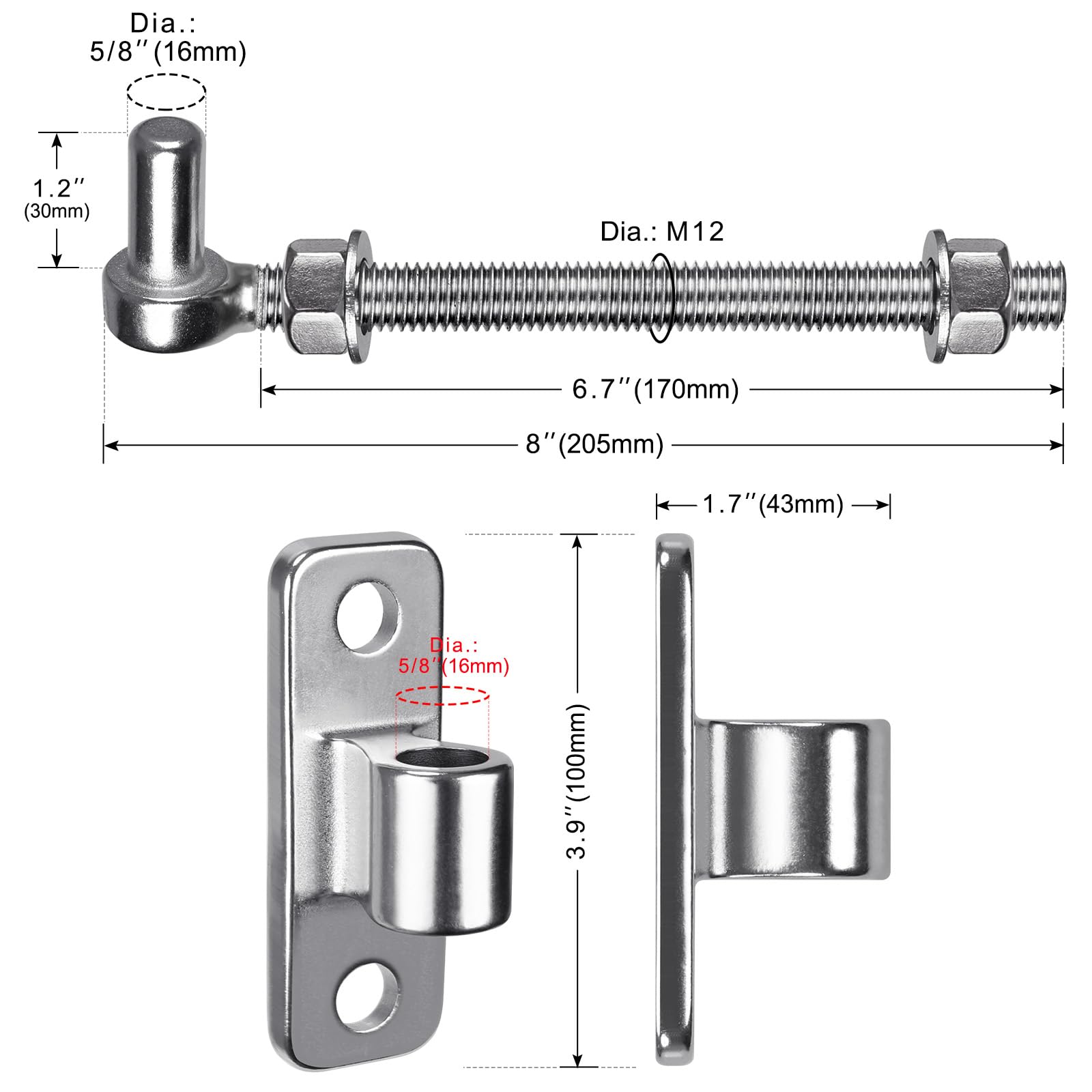 Insaga 8'' J Bolt Gate Hinge, Heavy Duty Gate Hinge for Wood Fence, One-Piece Molding Gate Hinge for Metal Gate, 304 Stainless Steel Welded Hinge for Farm Gate, 2Pack