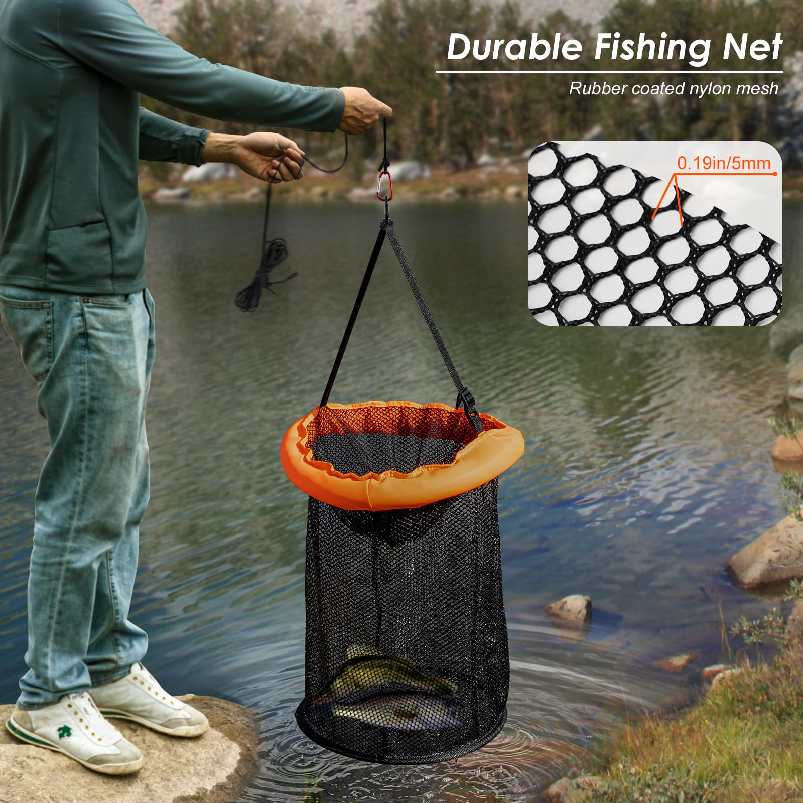 QualyQualy Foldable Fish Basket - Portable Collapsible Fishing Net Storage Cage for Live Fish