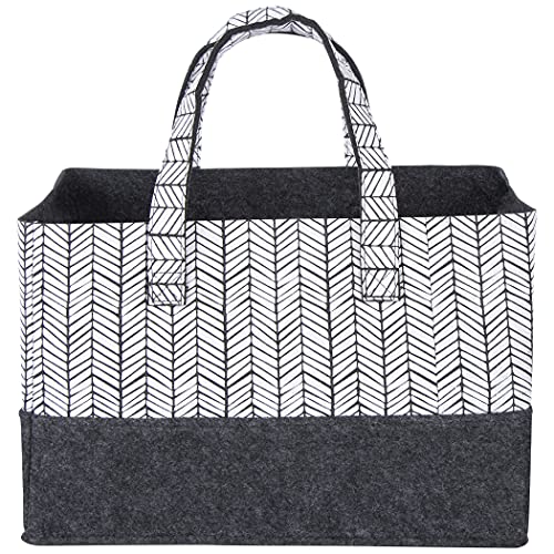 Herringbone Felt Essential Storage Tote; Gray, White; Collapsible; Two Handles; 15 in x 10 in x 10 in