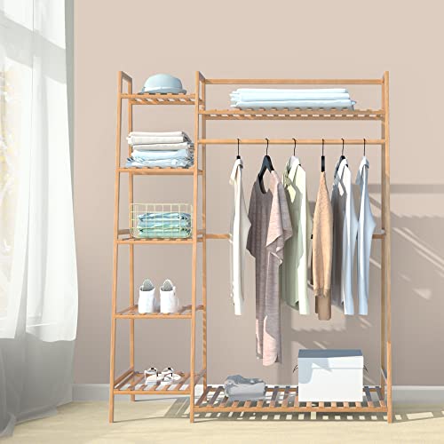 43.5" Bamboo Clothing Garment Rack Free Standing Clothes Coat Hanger Rolling Closet Organizer Shoe Rack Wardrobe Storage Hall Tree Entryway Living Bedroom Office Storage Shelves Clothes Hanging Rack