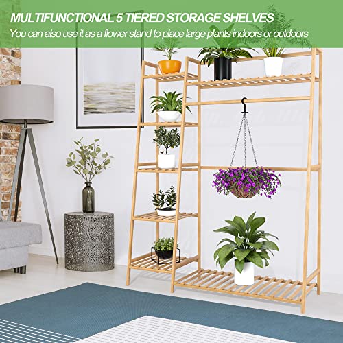 43.5" Bamboo Clothing Garment Rack Free Standing Clothes Coat Hanger Rolling Closet Organizer Shoe Rack Wardrobe Storage Hall Tree Entryway Living Bedroom Office Storage Shelves Clothes Hanging Rack