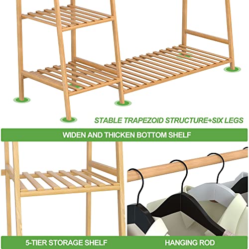 43.5" Bamboo Clothing Garment Rack Free Standing Clothes Coat Hanger Rolling Closet Organizer Shoe Rack Wardrobe Storage Hall Tree Entryway Living Bedroom Office Storage Shelves Clothes Hanging Rack