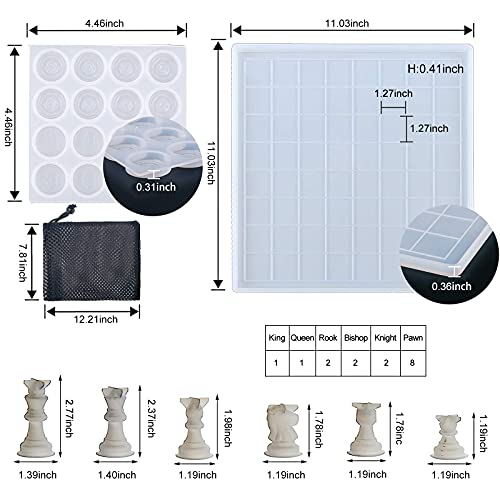 Chess Sets Resin Silicone Mold, Upgrade 3D 16 Pieces Chess Checkers & Board Game Mold for Resin Casting Full Size with Storage Bag, Chess Crystal Epoxy Molds for Kid Adult Family to DIY Art Crafts