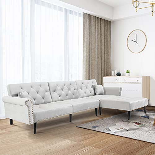 NOSGA Sofa Bed, Velvet Sectional Couch Convertible 115 L-Shape Sofa Bed Sleeper Reversible Chaise with 2 Pillows Adjustable Back for Living Room and Small Space (Gray)