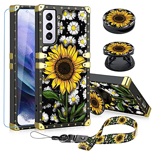 KANGHAR Designed for Samsung Galaxy S21 5G Case Sunflower with Tempered Glass Screen Protector Lanyard Strap Ring Holder Kickstand for Women Girls Flower Daisy Square with Finger Grip Stand 6.2"