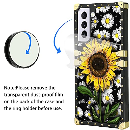 KANGHAR Designed for Samsung Galaxy S21 5G Case Sunflower with Tempered Glass Screen Protector Lanyard Strap Ring Holder Kickstand for Women Girls Flower Daisy Square with Finger Grip Stand 6.2"