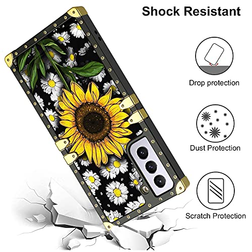 KANGHAR Designed for Samsung Galaxy S21 5G Case Sunflower with Tempered Glass Screen Protector Lanyard Strap Ring Holder Kickstand for Women Girls Flower Daisy Square with Finger Grip Stand 6.2"