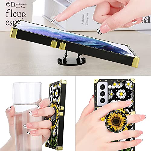 KANGHAR Designed for Samsung Galaxy S21 5G Case Sunflower with Tempered Glass Screen Protector Lanyard Strap Ring Holder Kickstand for Women Girls Flower Daisy Square with Finger Grip Stand 6.2"