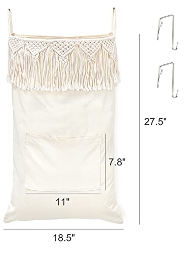 Mkono Macrame Hanging Laundry Hamper with Over The Door Hooks Saving Space Laundry Bag with Zipper and Wide Open Top Boho Decor Hanging Dorm Dirty Clothes Hamper, for Bathroom Home Travel