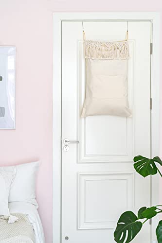 Mkono Macrame Hanging Laundry Hamper with Over The Door Hooks Saving Space Laundry Bag with Zipper and Wide Open Top Boho Decor Hanging Dorm Dirty Clothes Hamper, for Bathroom Home Travel