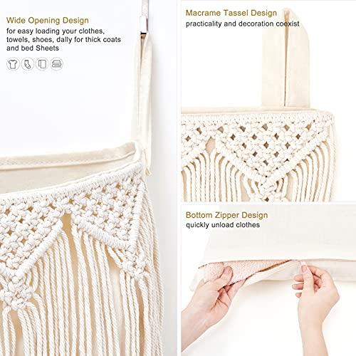 Mkono Macrame Hanging Laundry Hamper with Over The Door Hooks Saving Space Laundry Bag with Zipper and Wide Open Top Boho Decor Hanging Dorm Dirty Clothes Hamper, for Bathroom Home Travel