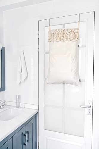Mkono Macrame Hanging Laundry Hamper with Over The Door Hooks Saving Space Laundry Bag with Zipper and Wide Open Top Boho Decor Hanging Dorm Dirty Clothes Hamper, for Bathroom Home Travel