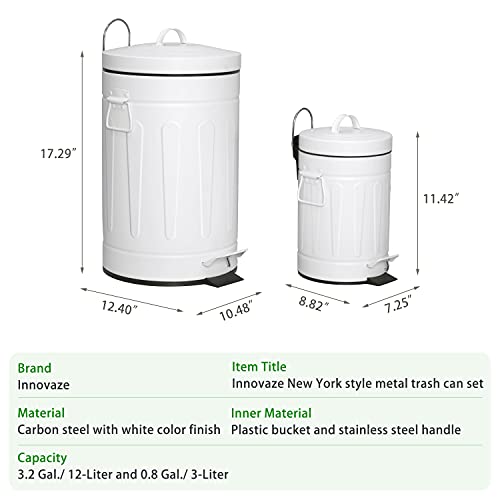 Innovaze 3.2 Gal + 0.8 Gal Bathroom Trash Can, Stylish White Steel Small Garbage Can with Lid and Removable Inner Bucket